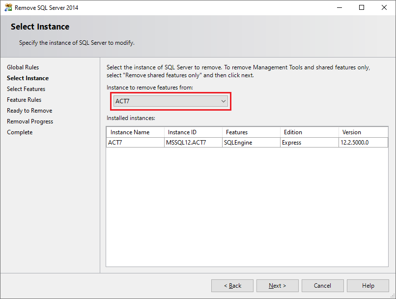 How to uninstall the ACT7 instance from Microsoft SQL Server 2014