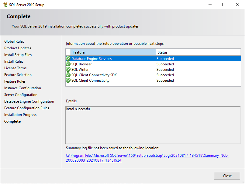 How to manually create the Microsoft SQL Server 2019 ACT7 Instance