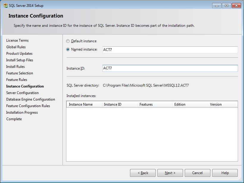 How to manually create the Microsoft SQL Server 2014 ACT7 Instance